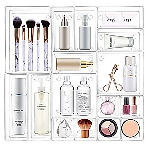 16 Desk Drawer Organizer Set Clear, Makeup Drawer Organizer and Storage with 5 Sizes Bathroom Organizer Drawer, Drawer Organizer Bins Clear Plastic Storage Bins for Drawers Dresser Makeup Kitchen