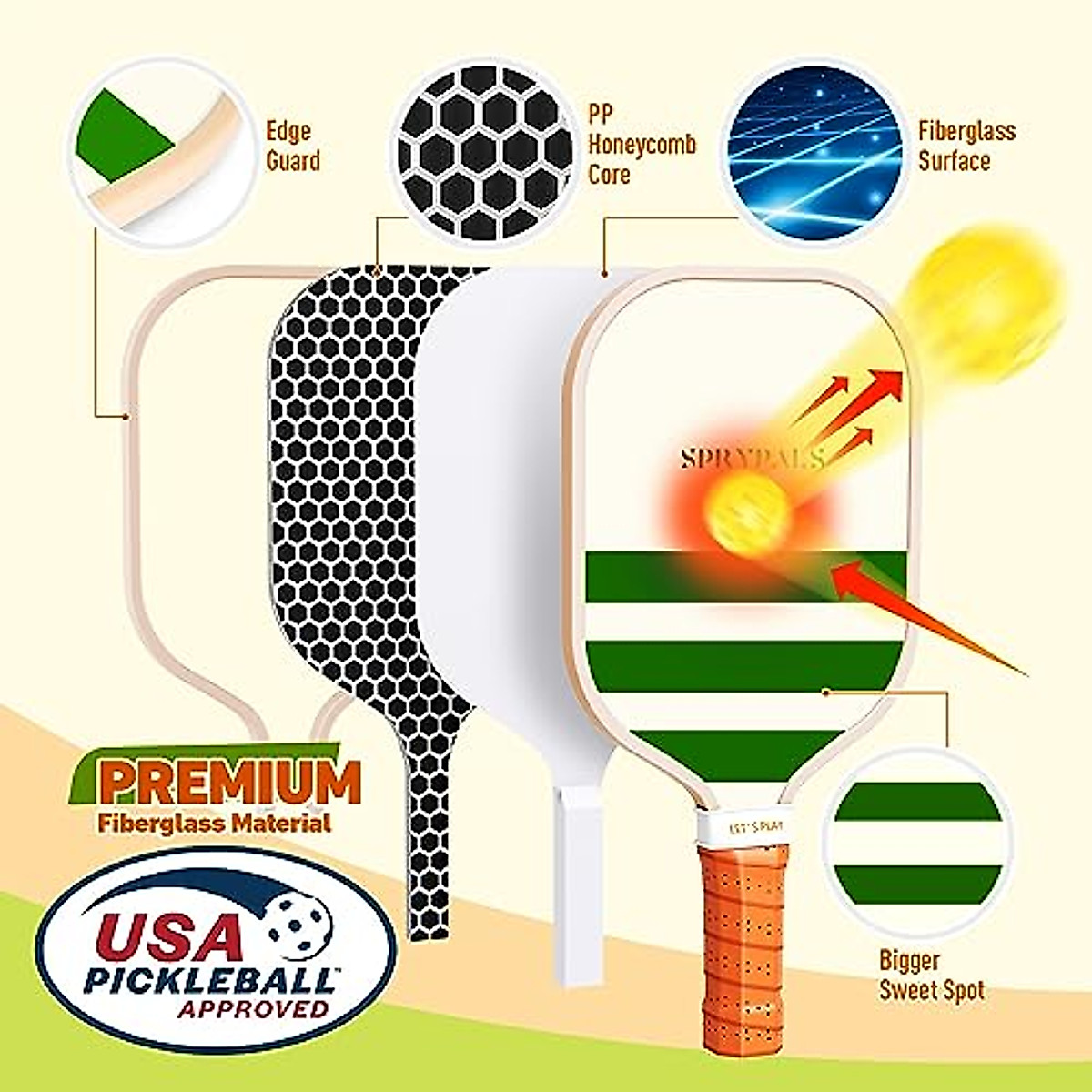 Sprypals Pickleball Paddles,USAPA Approved Fiberglass Surface with Polypropylene Core Pickleball Set Premium Pickleball Rackets Pickleball Paddle Set ​for Men Women