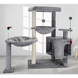 YOUPET 33.46" Height Cat Tree with Cat Condo Big Hammock and Two Replacement Spring Balls,Grey …