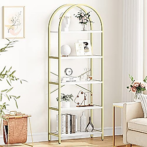 IDEALHOUSE Bookshelf 5 Tier Bookcase Arched Display Racks Tall Standing Bookshelves Metal Frame Modern Storage Rack Shelf Large Wood Book Shelf for Bedroom, Living Room, Home Office, White/Gold