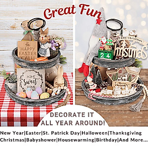 Farmhouse Wooden Two Tier Serving Tray - Wood Two Tiered Tray, 2 Tier Decorative Tray Stand for Cake/Cupcake/Dessert, Rustic Decorative Tiered Tray for All Season for Kitchen/Dining Room/Countertop