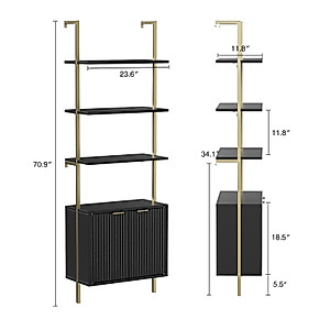 Ladder Bookshelf with Cabinet, 71" Tall Wall Mounted Bookcase with Shelves & Storage, Fluted Ladder Shelf with Metal Frame, 5-Tier Display Rack for Living Room, Home & Office, Bedroom, Black & Gold