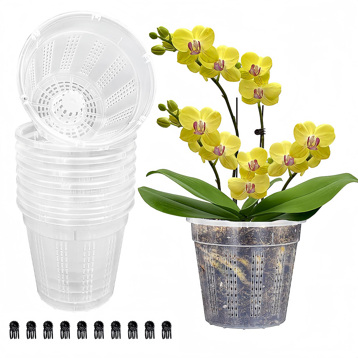 HOLANHING 8 Pack Orchid Pot, 4.5in Orchid Pots with Holes, Orchid Pots for Repotting with Clips, Clear Plastic Plant Pot for Indoor Outdoor Plants（4.5in, 8 Pack）