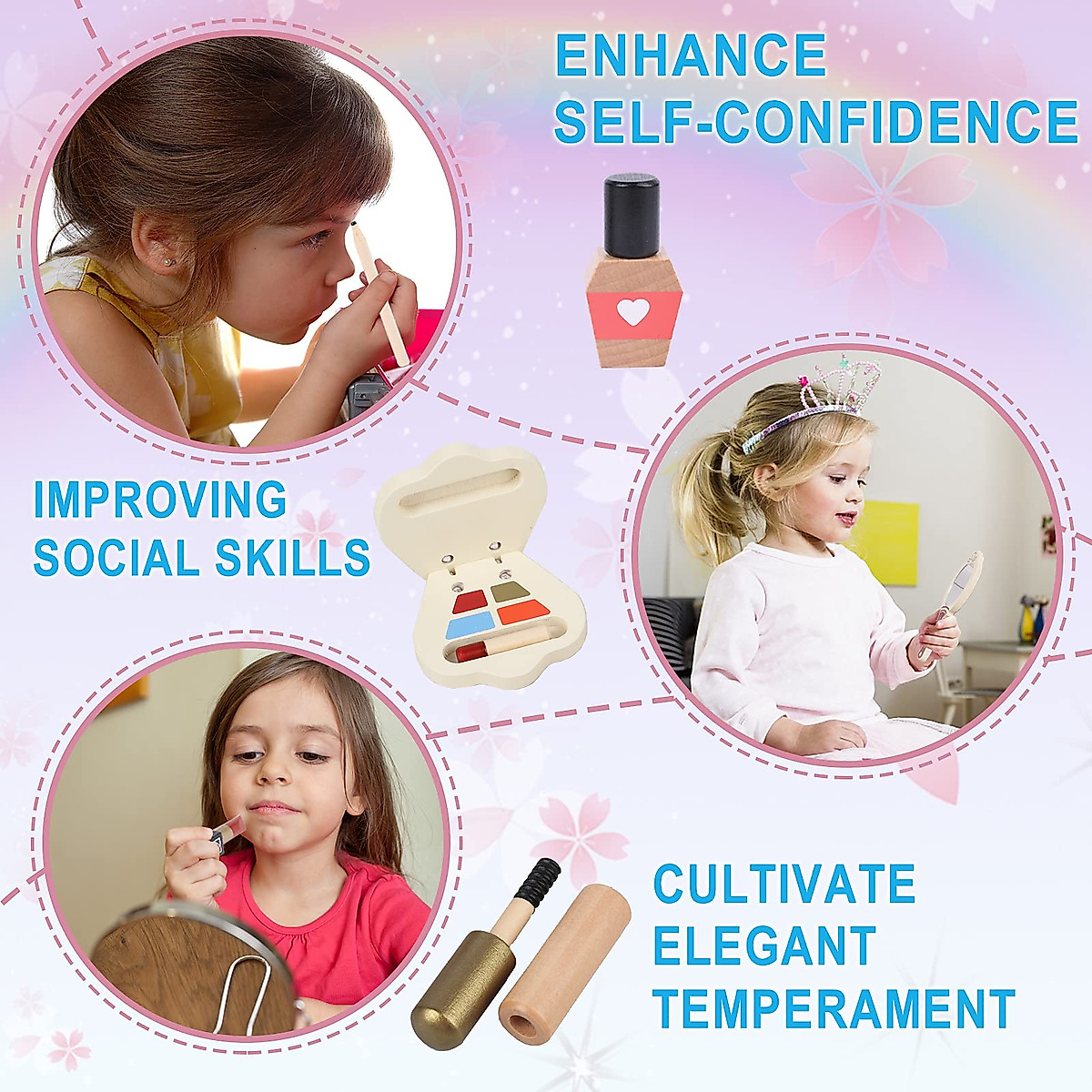 XAOHAO Pretend Play,Wooden Beauty Salon Toys for Girls, Make Up Set Toy Gift,15 Pieces Makeup Play Set with Makeup,Perfume,Lipstick,Mirror, Hair Dryer,Mascara, Cosmetics Case and Storage Bag