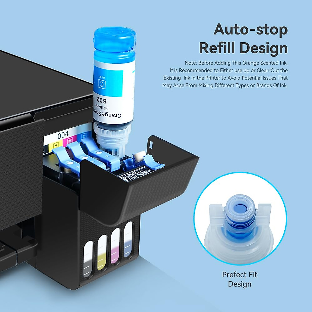 Bwen Orange Scented Ink Refill Bottles Compatible for 502（4-Pack）(BK/C/M/Y) fit for Epson 502 Ink Bottle Replacement fit for ET-2850 ET-3830 ET-3850 ET-2760 ET-3760 ET-15000 (Not OEM Ink)