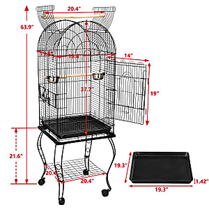 SUPER DEAL 63.5'' Rolling Bird Cage Large Wrought Iron Cage for Cockatiel Sun Conure Parakeet Finch Budgie Lovebird Canary Medium Pet House with Rolling Stand & Storage Shelf