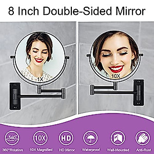 LANSI Wall Mounted Makeup Mirror, 1X/10X Magnifying Mirror 360° Extendable Arm Mirror for Makeup, 8 Inch Double Sided Vanity Mirror for Bathroom, Wall Mirror for Teen Girls, Women, Black