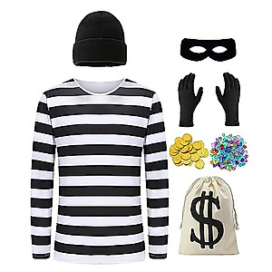 Adult Robber Costume Men Striped T-Shirt Bank Burglar Thief Cop and Robbers Cosplay Halloween Costumes with Accessories Hat Mask Canvas Money Bag Gloves Gem Gold Coin EN035M