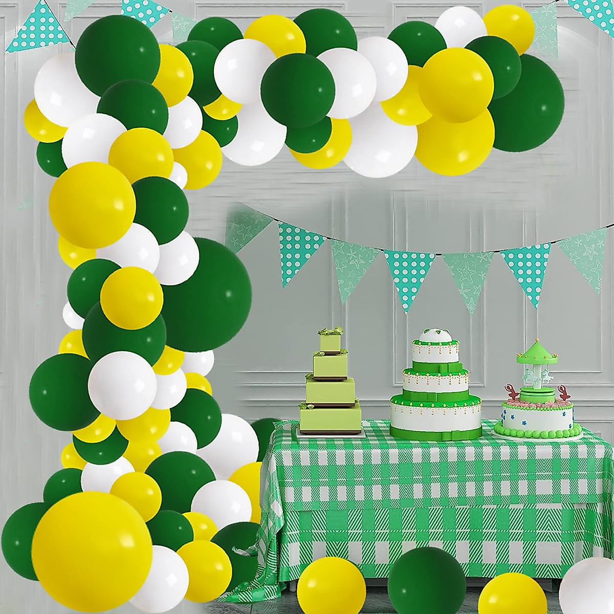 Retro Green Yellow White Balloon Garland Arch Kit, 122pcs Dark Green Yellow White Balloons for Birthday Wedding Graduation Baby Shower Anniversart Forest Jungle Tractor Soccer Party Decorations