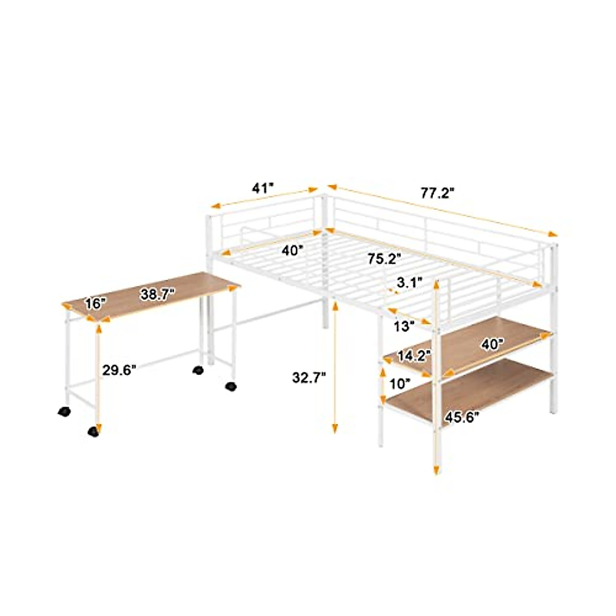 Kids Loft Bed with Desk and Storage, Metal Low Twin Size Bed with Rolling Portable Desk and 2-Tier Shelves, Low Loft Bed with Full-Length Guardrail for Kids Boys Girls Teens (White)