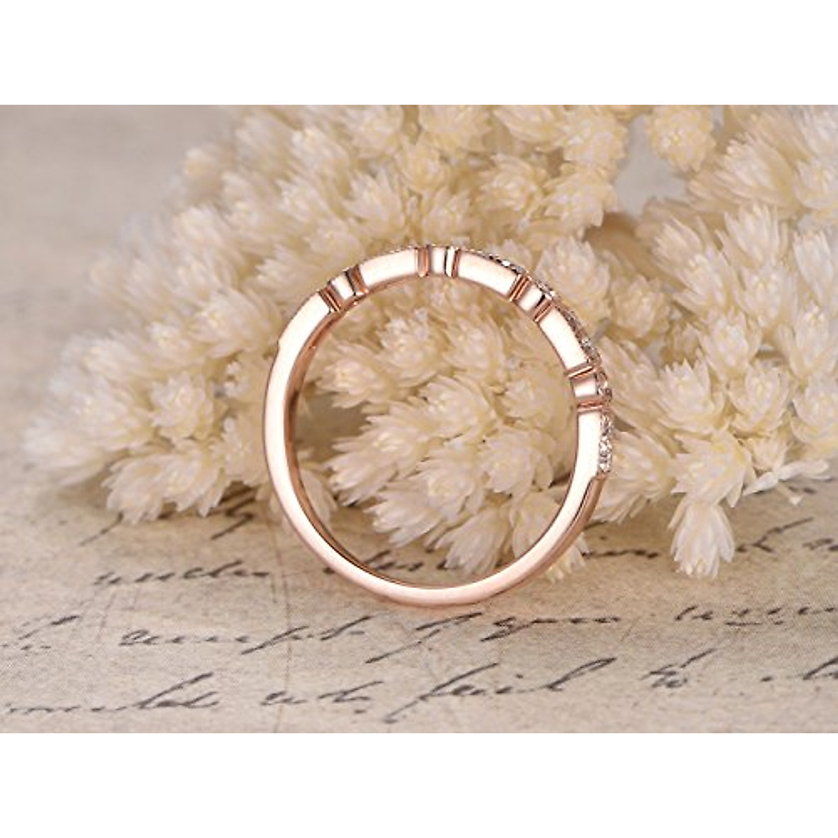 Art Deco Antique Diamond Wedding Ring,14K Rose Gold,Anniversary Ring,Half Eternity,Bezel Set,Stackable