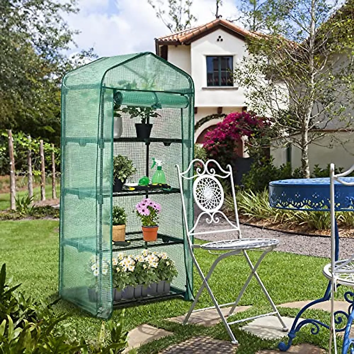 Giantex Portable Mini Greenhouse, Gardening Tent W/ 4-Tier Rack, Weatherproof PE Cover, Zippered Roll-up Door, Steel Frame, Easy Setup, Indoor & Outdoor Small Garden Supplies Green