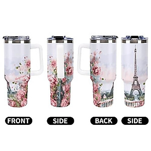 40 Oz Vacuum Tumbler with White Handle Leakproof Insulated Tumbler Paris Eiffel Tower with Flowers Stainless Steel Travel Mug with Lid And Straw Coffee Cup Cute Water Bottles Cup Holder Friendly