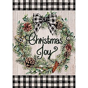 Selmad Christmas Joy Wreath Decorative Burlap Garden Flag, Xmas Buffalo Plaid Check Farmhouse Home Yard Small Outdoor Decor, Winter Pine Cone Outside Decoration Double Sided 12 x 18