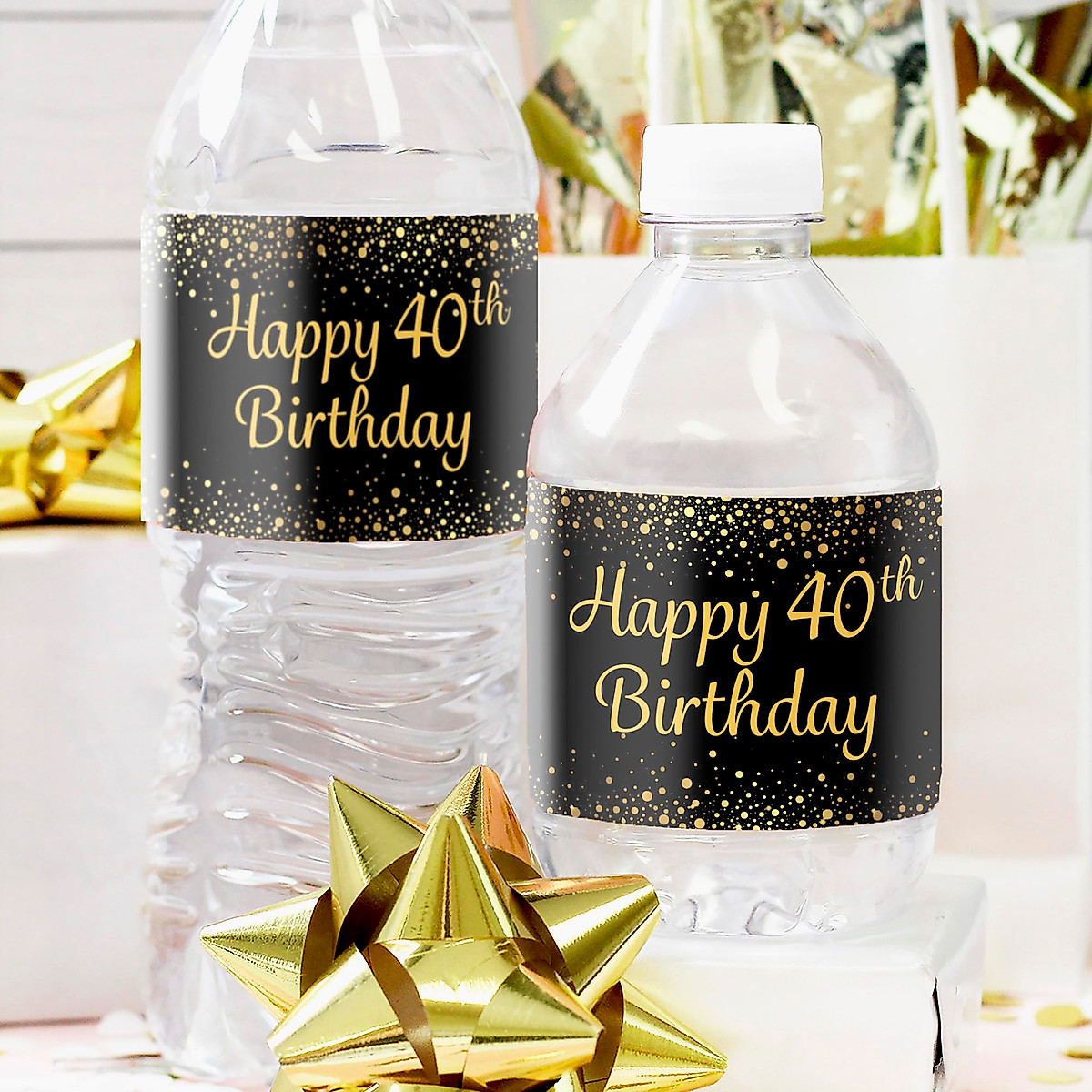 Black and Gold 40th Birthday Party Water Bottle Labels - 24 Stickers