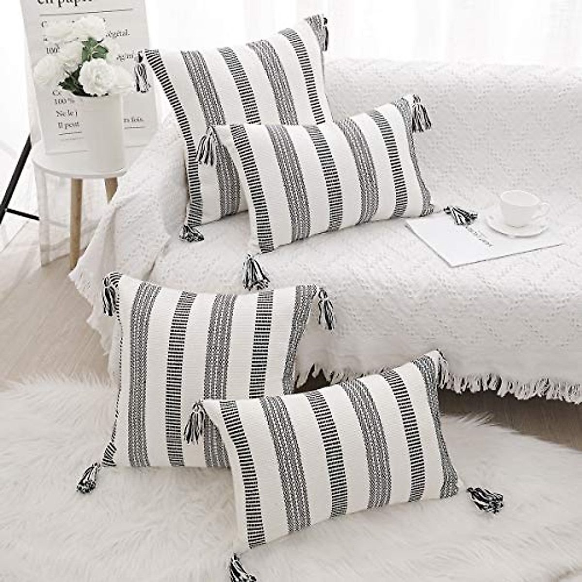 SEEKSEE Black and White Stripes Hand-Woven Rectangular Waist Throw Pillow Covers, Stylish Modern Minimalist Design for Sofa, Bedroom, Living Room(Lumbar 12 x 20 Inches,1PC)…