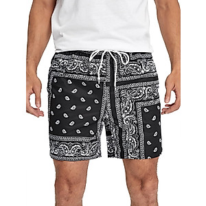 Floerns Men's Boho Tribal Print Drawstring Waist Summer Shorts with Pocket Black & White Paisley S
