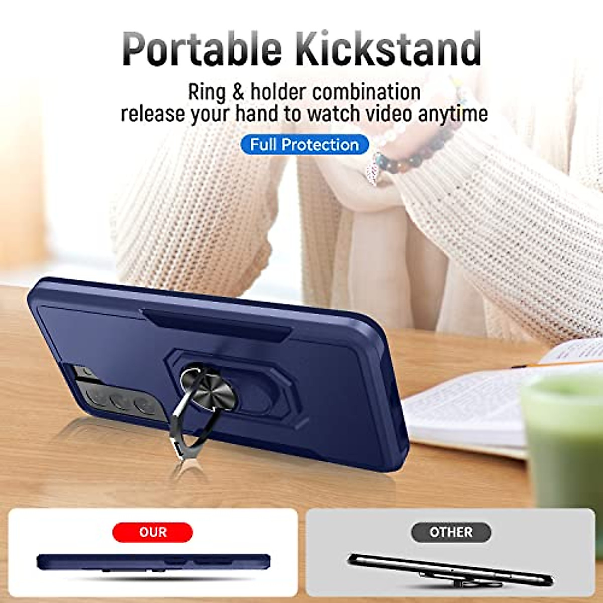 AFARER Series Designed for Samsung Galaxy S21 FE 5G Case Protection Double Layer Cover Hybird Soft + Hard Military-Grade Armor Heavy Duty Shockproof Matte Back with 360°Rotating Ring Kickstand-Blue