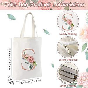 Sanwuta 2 Pcs Initial Canvas Tote Bags Floral Letter Travel Cosmetic Bags Personalized Beach Bags Monogrammed Bags Portable Makeup Zipper Pouch for Woman Girl Lady Birthday Wedding(Letter S)
