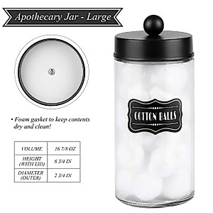 Apothecary Jars 3 Pack - Glass Bathroom Containers with Stainless Steel Lids - Rustic Farmhouse Decor Bathroom Accessories, Vanity Organizer Apothecary Jars for Qtip/Cotton Balls (Matte Black)