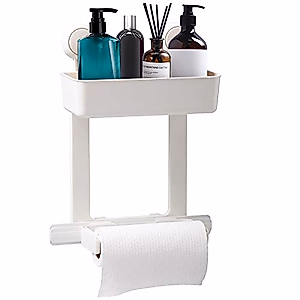 LEVERLOC Suction Shower Caddy With Paper Towel Holder, Bathroom Shower Basket Wall Mounted Shower Organizer for Shampoo, Facial Cleanser, Hand Sanitizer, Shower Rack for Kitchen & Bathroom, Drill-Free
