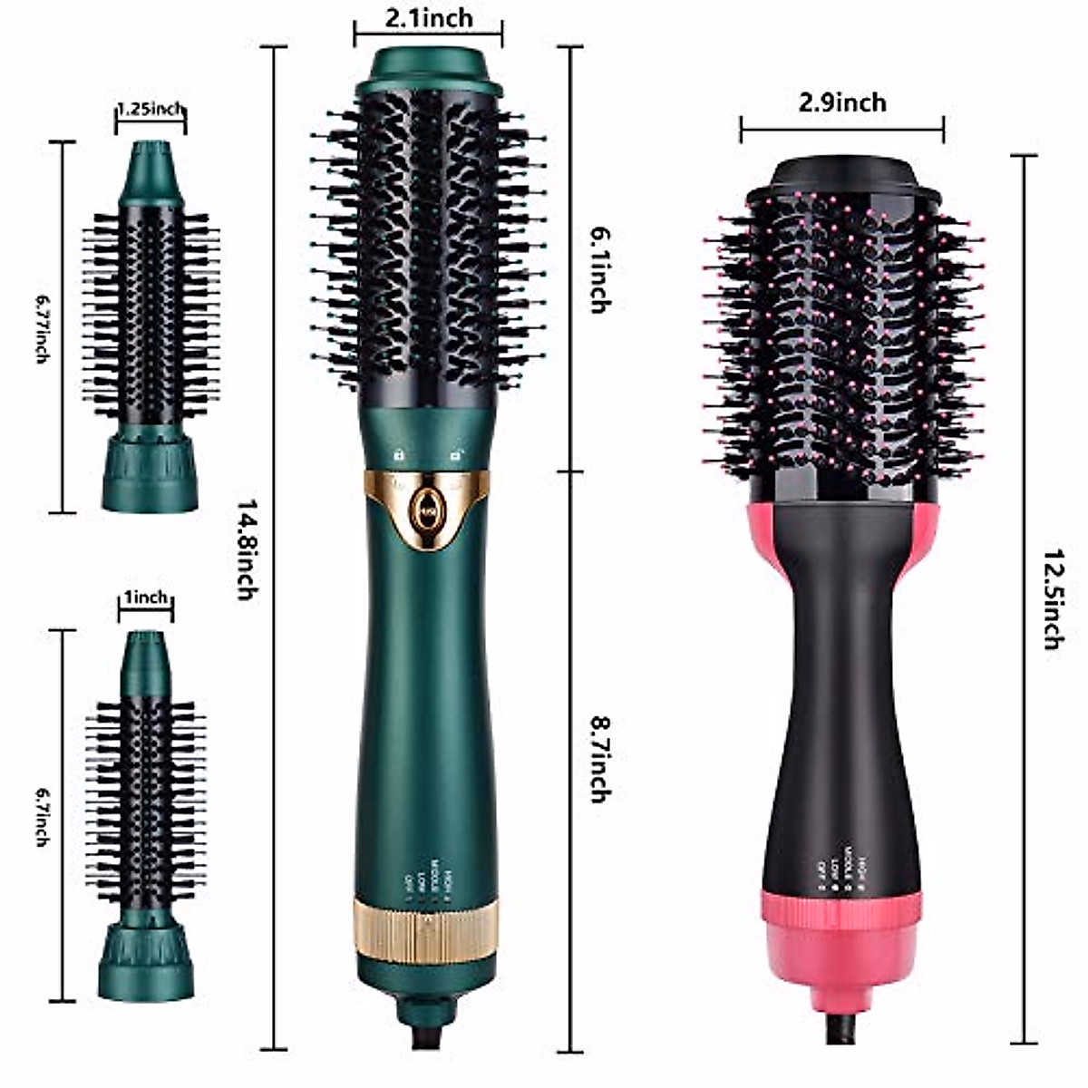 Hot Air Brush, Hair Dryer Brush, 3 in 1 Interchangerable Hair Dryer & Volumizer, Ceramic Negative Ion Curling Dryer Styler Brush with 3 Brush Heads (Green)