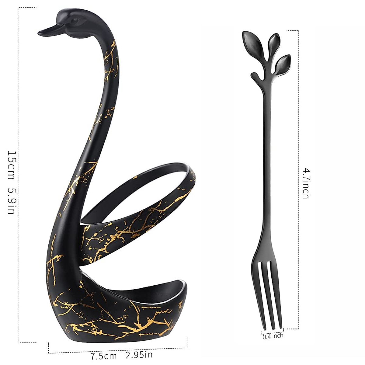 AnSaw Elegant Swan Base Holder Set with 10 pcs Black Leaf 4.7" Stainless Steel Mini Forks for Appetizer, Fruit, Dessert, Cake & Salad
