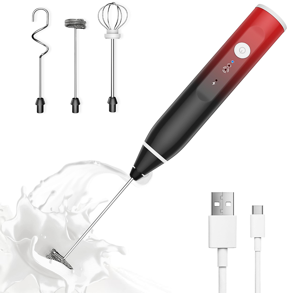 Milk Frother Rechargeable Handheld Electric Whisk Coffee Frother Mixer with 3 Stainless whisks 3 Speed Adjustable Foam Maker Blender for Coffee Matcha Latte Cappuccino Hot Chocolate（Black Red）