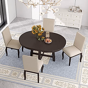 HAUSHECK Modern Round Room Person, Wood Extendable w/X-Shaped Base, Upholstered, Nailhead Curved Back, Farmhouse Kitchen Chairs Home Furniture, Dining Table Set for 4-6, Espresso