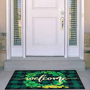 Whaline St. Patrick's Day Doormat Lucky Shamrock Welcome Floor Mat Green Black Buffalo Plaids Felt Front Door Rug for Irish Holiday Spring Indoor Outdoor Kitchen Bedroom, 23.6 x 15.7 Inch
