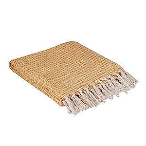 Yellow Cotton Throw Blanket - Waffle Weave Throw Blanket 60”x48” - Farmhouse Throw Blanket - Throw Blanket for Couch Sofa Chair Bed - Blanket for all Seasons - Yellow Decorative Blanket with Fringe