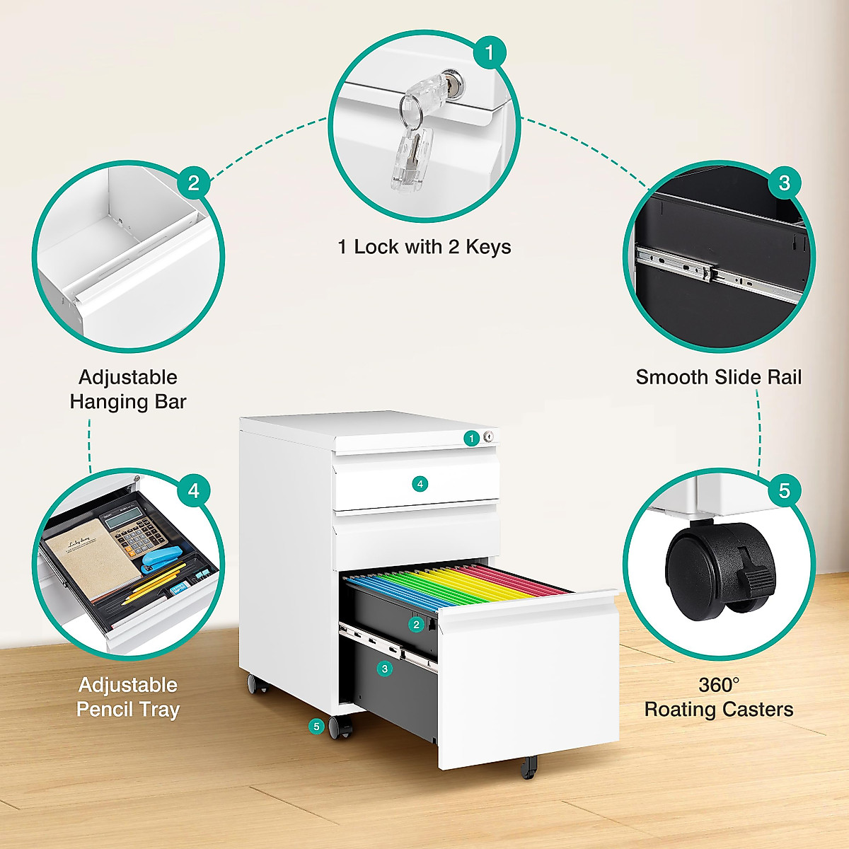 3 Drawer File Cabinet with Lock,Under Desk File Cabinet with Wheels,White Rolling File Cabinet,Three Drawer Metal Filing Cabinet for Home Office,Fit A4/Letter/Legal File,Fully Assembled Except Casters