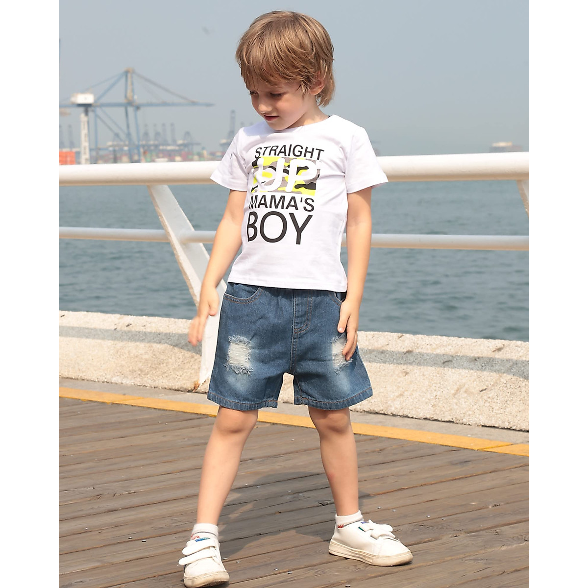 18 Months Boy Clothes Toddler Boy Clothes Little Boy Clothes Short Sleeve White T-Shirt Denim Shorts Set Toddler Boy Summer Outfits 18-24 Month Boy Clothes