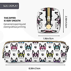 French Bulldog Dog Paw Leather Pencil Case Bag with Zipper Women Makeup Bag Durable Portable Suitable for School Work and Office 8.3 x 2.2 In