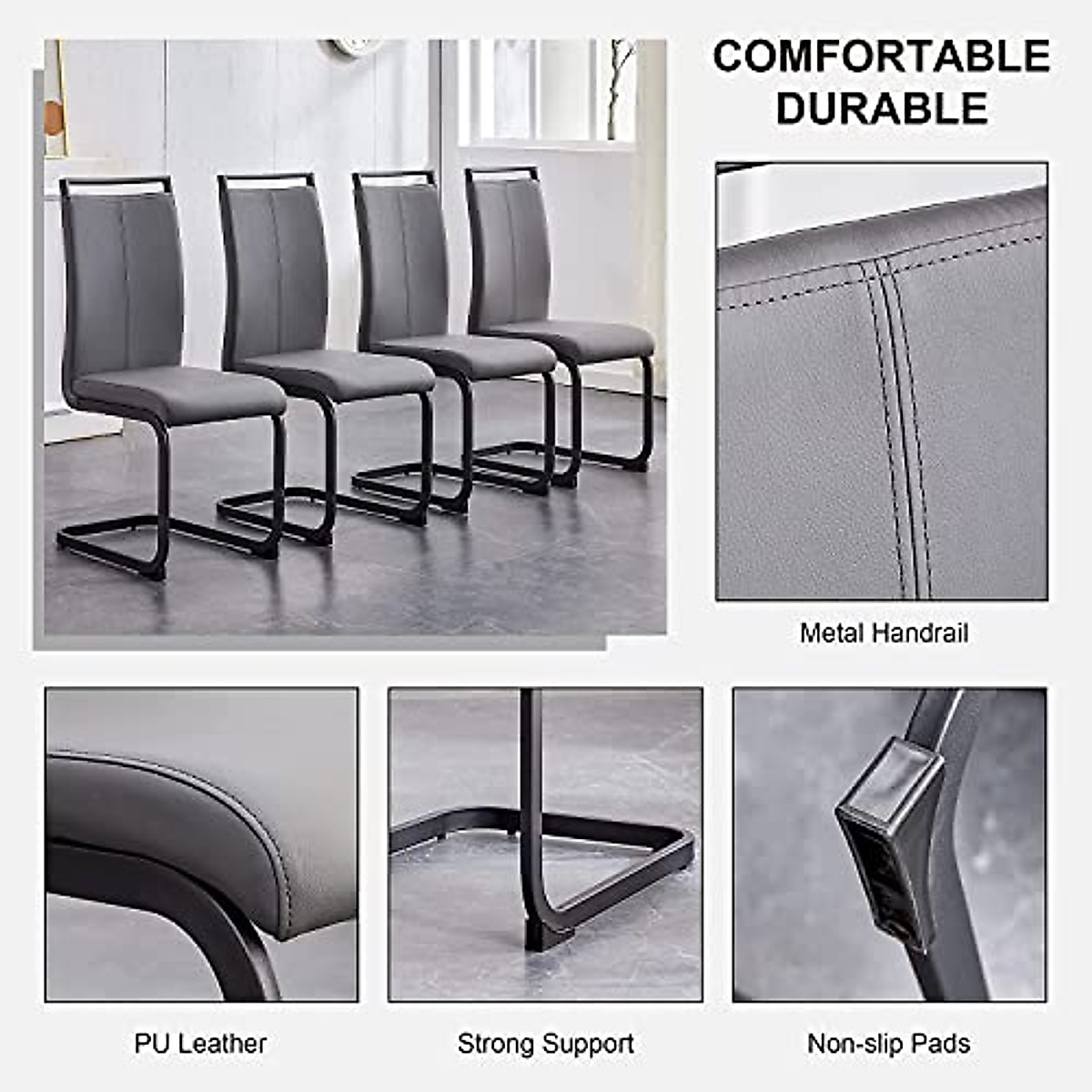 Pvillez 63" Marble Dining Table Set for 4, Modern 5 Piece Kitchen Table and Chairs, Black Faux Marble Dining Table with U-Shaped Pedestal Base & 4 C-Shaped PU Leather Upholstered Dining Chairs