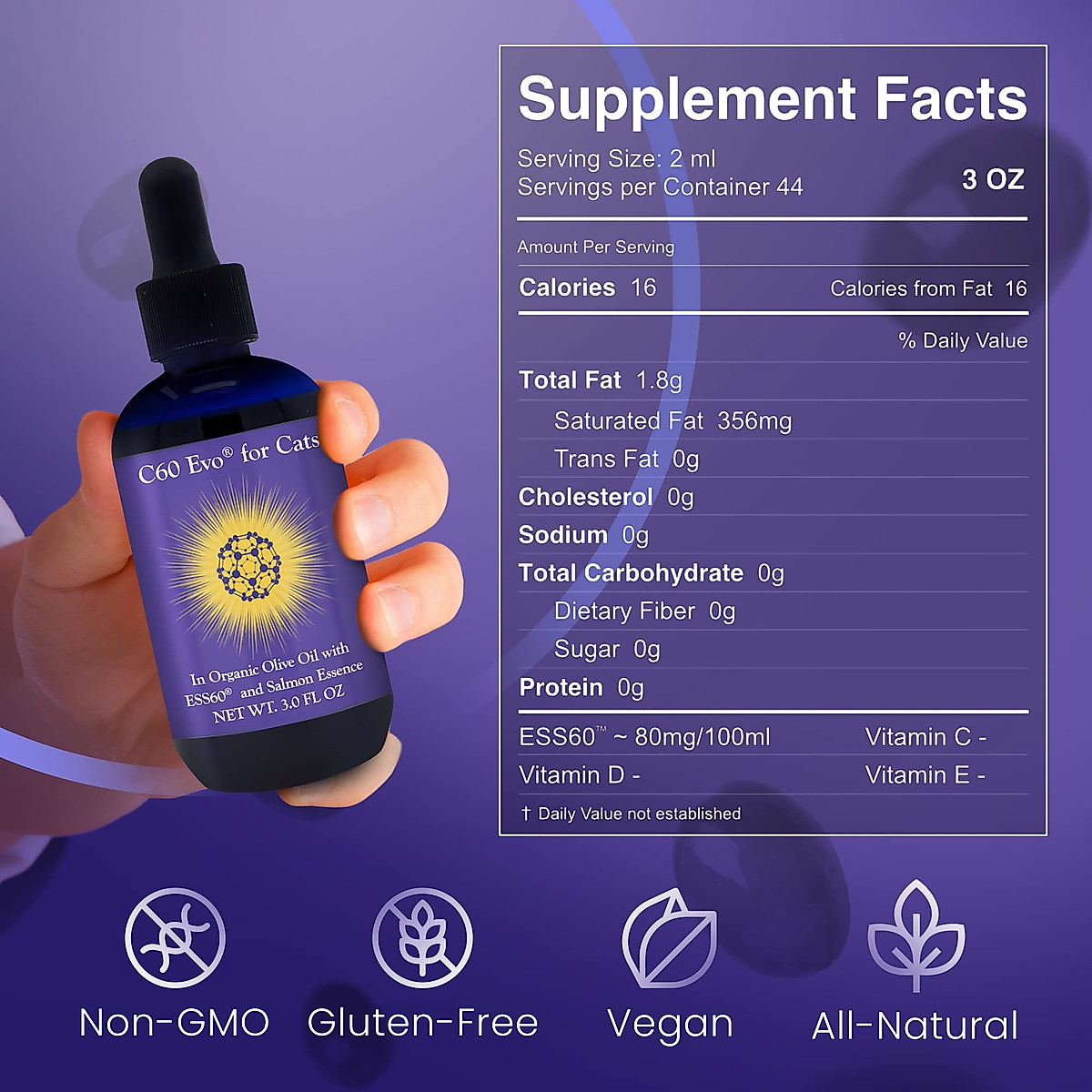 ESS60 Olive Oil for Cats - Organic Extra Virgin Olive Oil, Pure C60 ESS60 (.8 mg/mL) & Natural Salmon Essence to Support Your Cats’ Flexibility, Energy, Immunity, Longevity - 3 oz