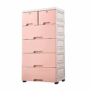 6 Drawer Plastic Dresser Storage Tower, Organizer Unit Stable Cart on Wheels Waterproof Plastic Cabinet with Locked Drawer for Bedroom Apartment (Pink)