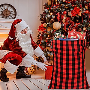 HRX Package 2pcs Cotton Santa Bag, 28x20 inch Plaid Fabric Drawstring Christmas Bags, Reusable Cloth Wrapping Bag with Gift Tag for Xmas Presents