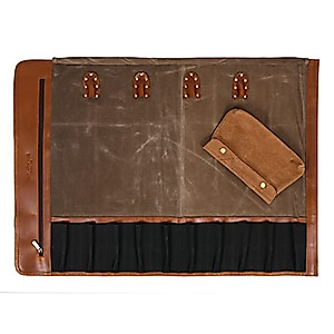 Leather Canvas Knife Roll Storage Bag Expandable 10 Pockets Detachable Shoulder Strap Travel-Friendly Chef Knife Case Roll By Aaron Leather Goods (OVIEDO, Canvas Leather)