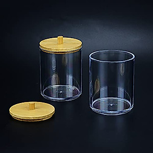Beautytang 2 Pack Acrylic Qtip Holder with Bamboo Lid, Clear Bathroom Countertop Storage Organizer Canister, Round Storage Container for Cotton Balls,Swabs,Pads,Bath Salts