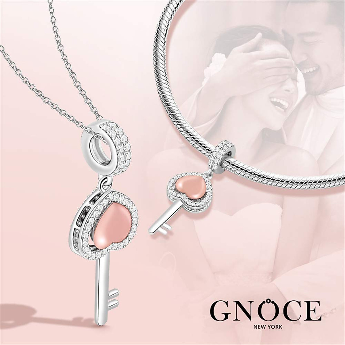 GNOCE Key Pendant Charms 925 Sterling Silver Key to My Heart Pendant with 18K Rose Gold Plated Heart Fit All Bracelet Necklace Women Gifts