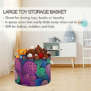 ALAZA Rainbow Paisley Indian Ethnic Storage Basket Gift Baskets Large Collapsible Laundry Hamper with Handle, 20x20x14 in