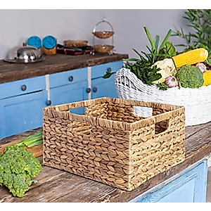 BARIEN 14.5” x 13.5” x 8” (Set of 3) Natural Water Hyacinth Storage Baskets, Rectangular Wicker Basket with Built-in Handles, Large (Natural - Set of 3)