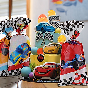 Spiareal 100 Pcs Race Car Party Treat Bags Cellophane Bags Race Car Gift Treat Bag Goodie Candy Bags with Ties Boys Race Car 1 Count (Pack of 100)