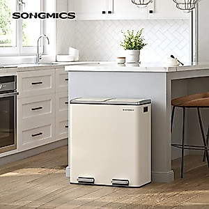 SONGMICS Trash Can, 2 x 8 Gal Garbage Can for Kitchen, with 15 Trash Bags, 2 Compartments, Plastic Inner Buckets and Hinged Lids, Airtight, Almond Color ULTB201A01
