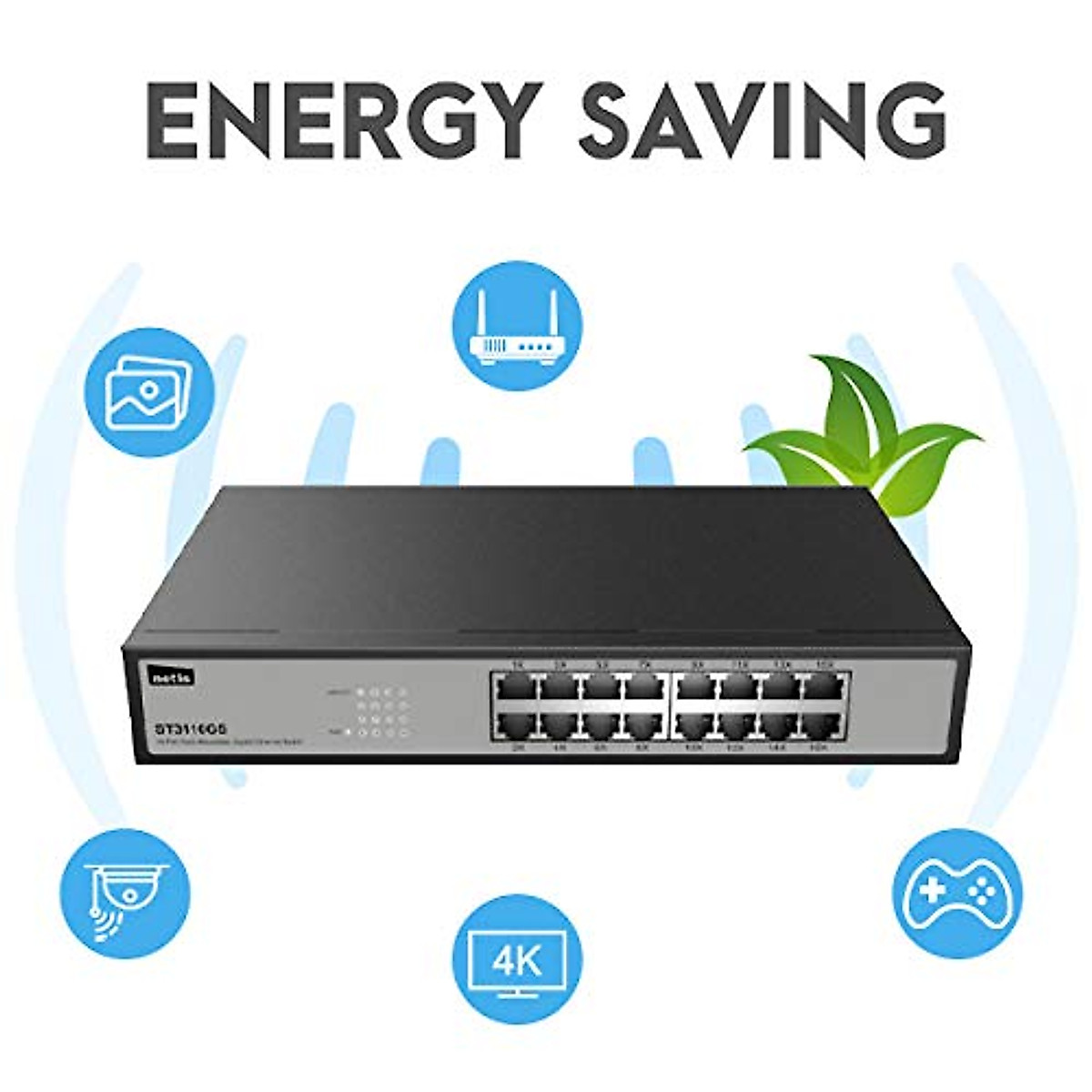 Netis ST3116GS 16 Port Unmanaged 10/100/1000M Gigabit Ethernet Switch with Sturdy Metal Desktop Size | Expandable to Standard 19 inch Rack Mount with Included Mounting Bracket, Gigabit 1000Mbps