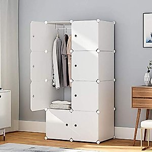 KOUSI Portable Wardrobe Closets 14"x18" Depth Cube Storage, Bedroom Armoire, Storage Organizer with Doors, 5 Cubes + 1 Hanger, White
