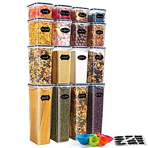 YASHE Airtight Pantry Storage Containers Set of 16, BPA Free Plastic Food Storage for Cereal, Pasta and Snacks, Stackable Kitchen Organizer with Labels, Marker & Measuring Cups