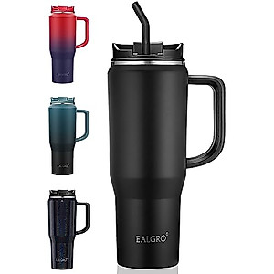 EALGRO 40 oz Tumbler with Handle, Insulated Tumblers with Lid and Straw, Large Metal Sports Water Bottle Jug, Thermal Stainless Steel Travel Coffee Mug Cup, Black