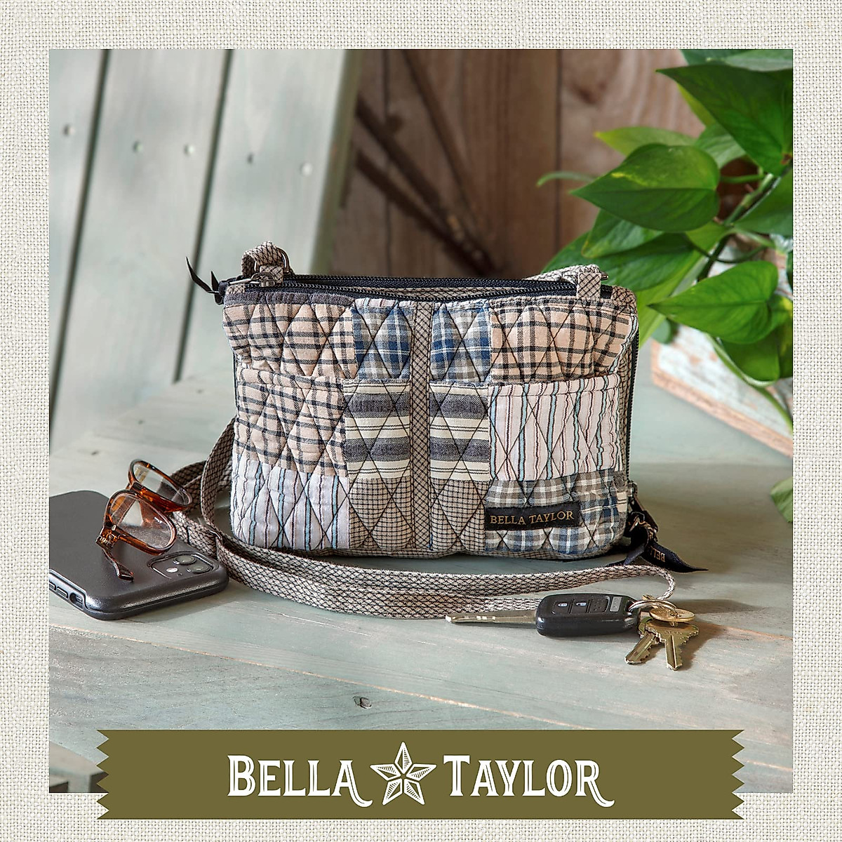 Bella Taylor Essentials Crossbody Purse with Built In Wallet, Quilted Cotton Ashmont Tan, Grey and Cream Patchwork